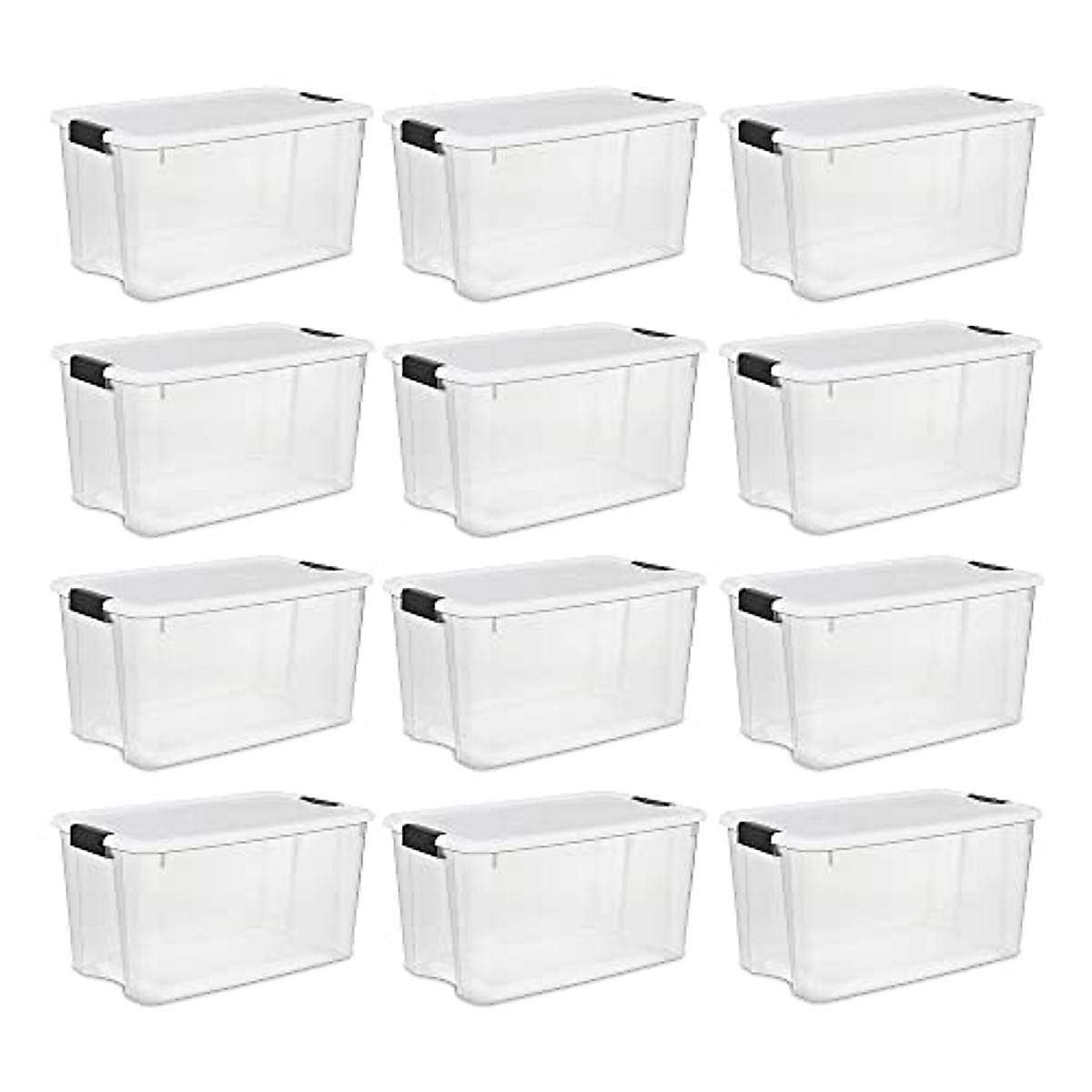 Sterilite 70 Qt Ultra Latch Box, Stackable Storage Bin with Latching Lid, Organize Clothes, Sport Gear in Basement, Clear with White Lid, 16-Pack