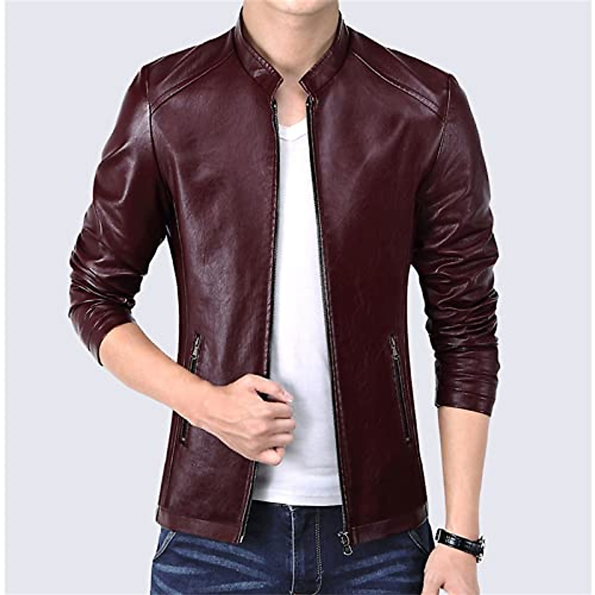 Maiyifu-GJ Men Casual Faux Leather Biker Jacket Stylish Stand Collar Bomber Jackets PU Leather Lightweight Motorcycle Coats (Red Wine,Large)