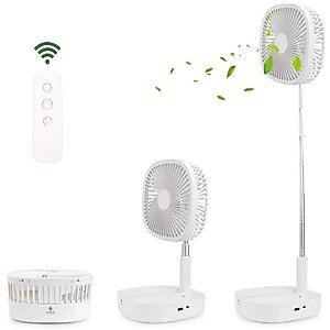 Portable Foldable Desk Table Fan, Pedestal Floor Fans with USB Rechargeable Battery Operated, Quiet Standing Fans for Home Bedroom Office Travelling Camping, White (Remote Control Included)
