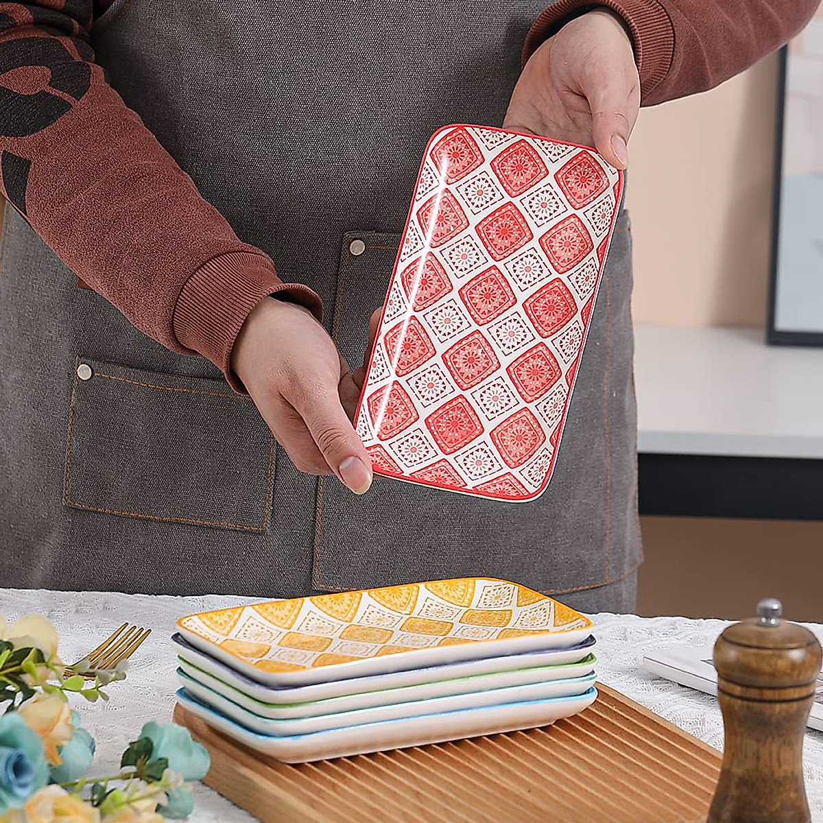 AHX Appetizer plates Set Dessert Plate - Rectangular Small Serving Plates for Sushi | Tapas | Snack - Colorful Ceramic Serving Dishes Set of 6 - Microwave and Dishwasher Safe - 8 inch