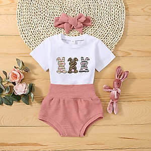Fernvia Infant Baby Girls Easter Outfits Short Sleeve Rabbit Print Romper Elastic Waist Shorts with Hairband 3Pcs Clothes Set (A Pink, 6-12 Months)
