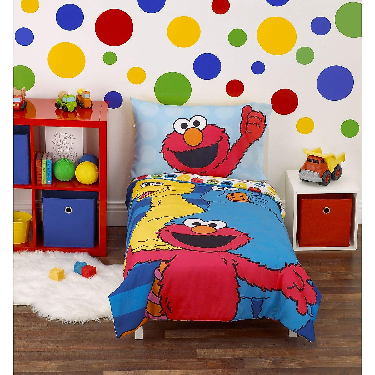 Sesame Street Best Friends Blue, Red, Yellow 4 Piece Toddler Bed Set - Comforter, Fitted Bottom Sheet, Flat Top Sheet, Reversible Pillowcase