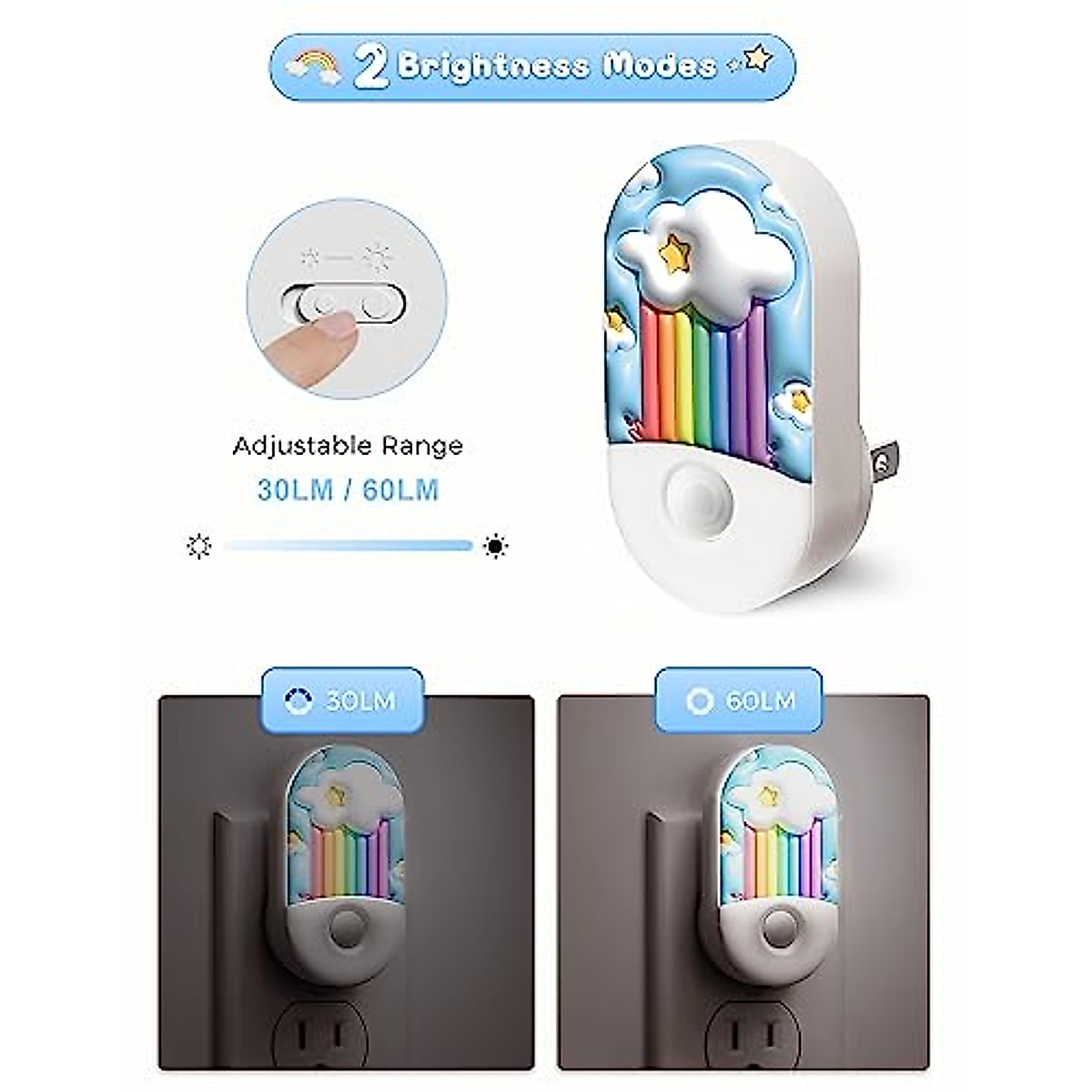 Rainbow Night Light, LOHAS[2 Pack] Plug in Night Light for Kids, 0.6W LED Dusk to Dawn Sensor Cute Nursery Gift, Daylight White 5000K, 30/60LM Nightlight for Baby Children Boy Toddler Decoration