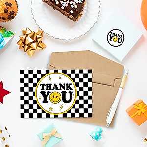 Whaline 40Pcs One Happy Dude Thank You Greeting Cards with Envelopes and Stickers Checkerboard Smile Face Thank You Cards for Back to School Birthday Baby Shower Decors, 4 Designs