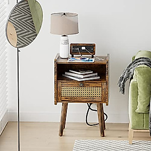 YAKANJ Small Nightstand with Charging Station,Mid Century Modern Nightstand with Rattan Decor,Night Stand End Table Side Table with 2 Tiers Storage Shelf for Small Spaces,Bedroom,Living Room-Brown