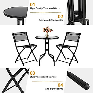 S AFSTAR 3-Piece Bistro Set for Outdoor Yard Garden Park, Round Table with 2 Folding Chairs Patio Furniture Set (Classic Black)