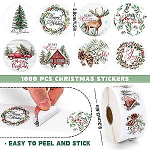 Whaline 1000Pcs Christmas Stickers 1.5Inch Assorted Plants Round Stickers in Roll Rustic Christmas Tree Wreath Elk Truck Patterns Label Stickers for Xmas Seals Cards Presents Envelopes, 8 Designs