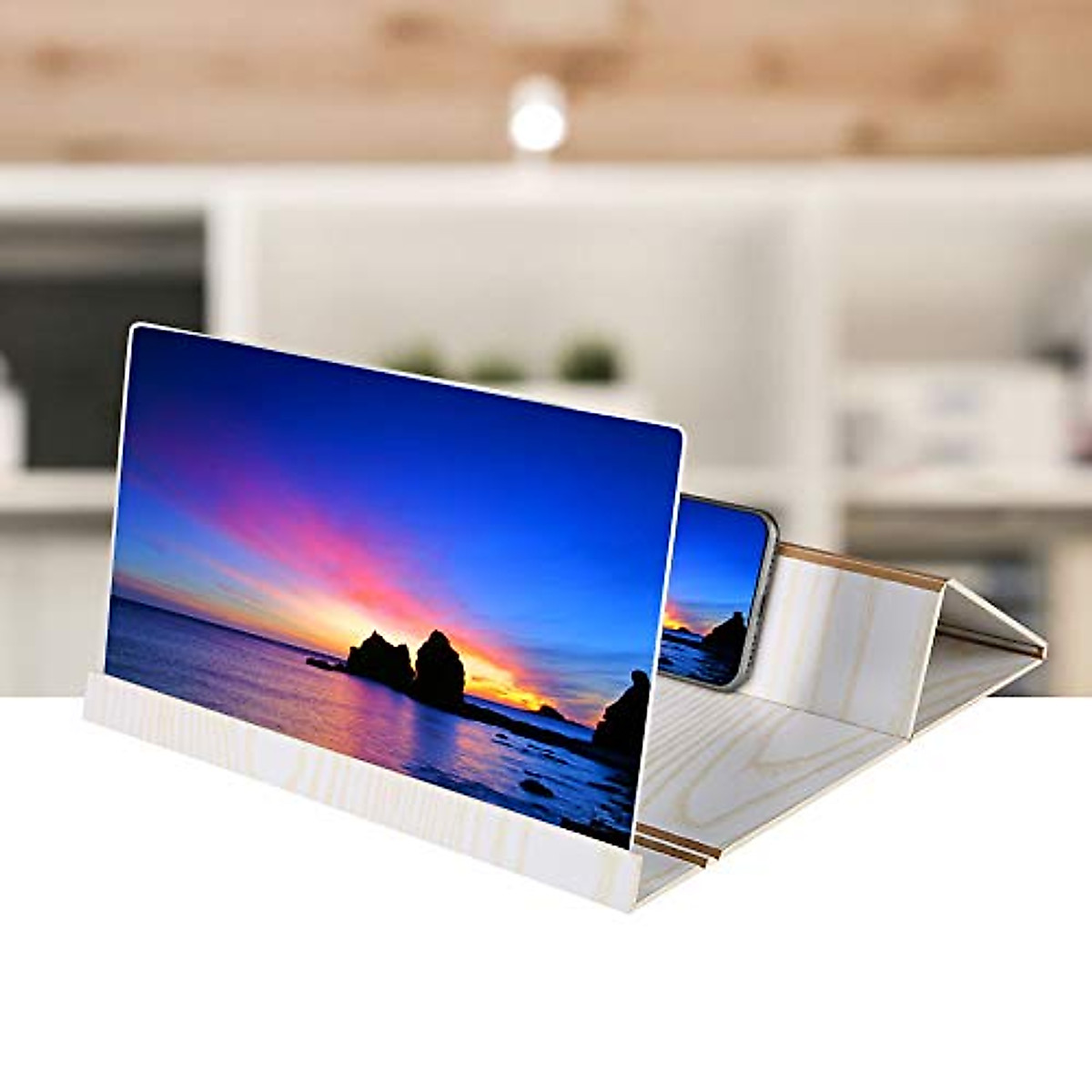 12'' Screen Magnifier Smartphone Magnifying Glass , Anti Radiation Enlarger Screen for Mobile Phone , Movie Video Screen Amplifier with Wood Grain Stand Bracket Foldable Stand Holder for iPhone White
