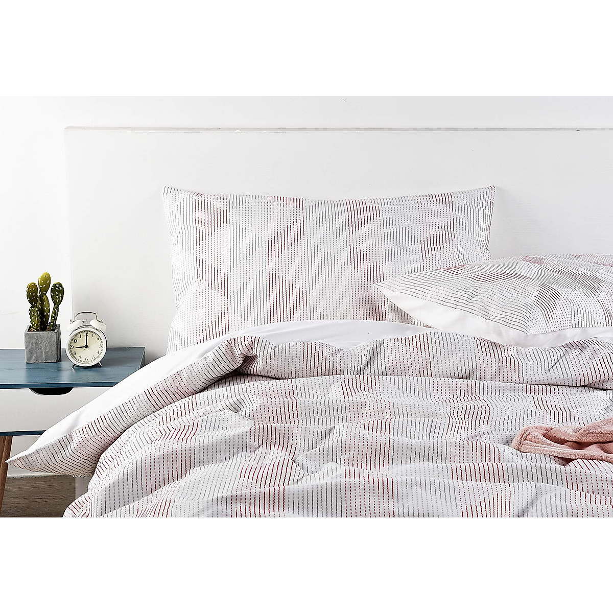 SINGINGLORY Duvet Cover King Size with Geometric Stripe, 3 Pieces Lightweight 100% Soft Cotton Bedding Cover with Button Closure, 1 Duvet Cover and 2 Pillowcases (White, 104x90 Inch)