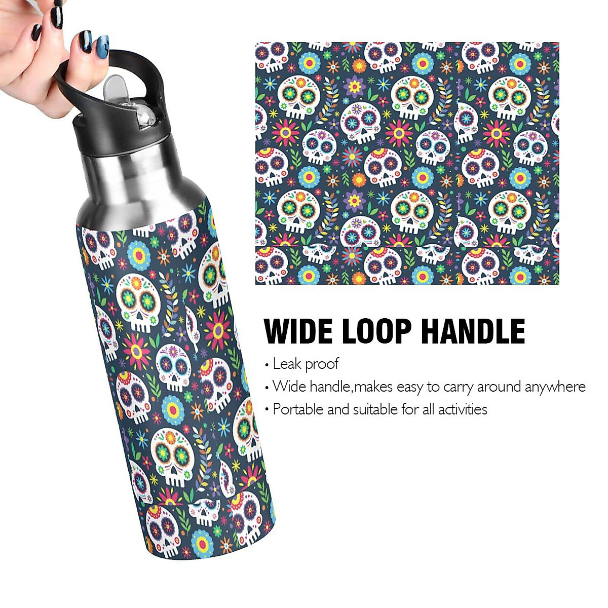 Sugar Skulls Water Bottle with Straw Lid Double Wall Daisy Thermos Bottle Vacuum Insulated Flask Stainless Steel Water Bottle for Gym Outdoor 20 OZ