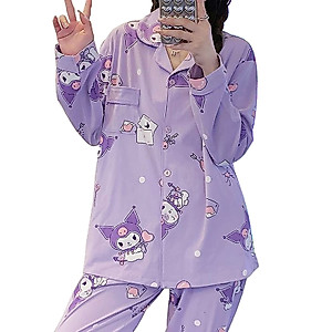 Ocroyea Kawaii Pajamas For Women Two-Piece Set Cute Cartoon Girls Pajamas Casual Long Sleeve Sleepwear Home Clothes Purple