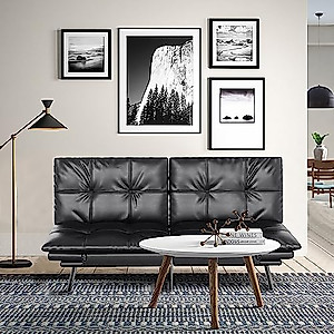 Fangflower Futon Sofa Bed, Faux Leather Memory Foam Couch, Foldable Convertible Sleeper Loveseat, Daybed for Living Room, Black