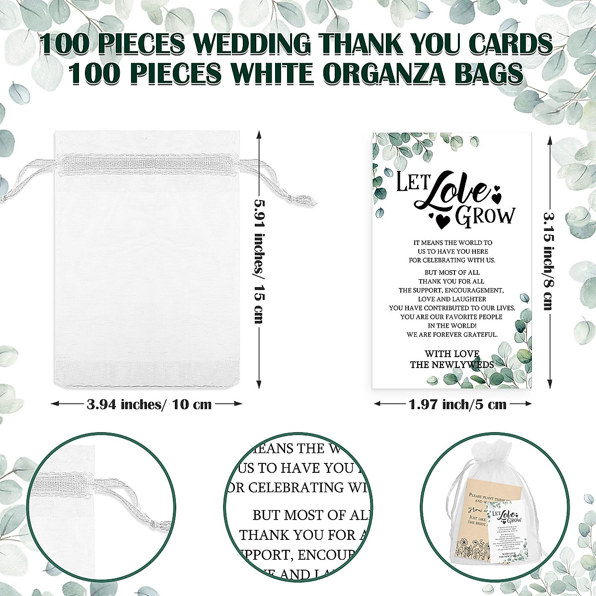 Ctosree 100 Set Wedding Favors for Guests Bulk Include 100 Pcs Self Adhesive Seed Packets Kraft Paper Seed Envelopes 100 Pcs Let Love Grow Cards 100 Pcs Organza Gift Bags for Bridal Shower (Classic)