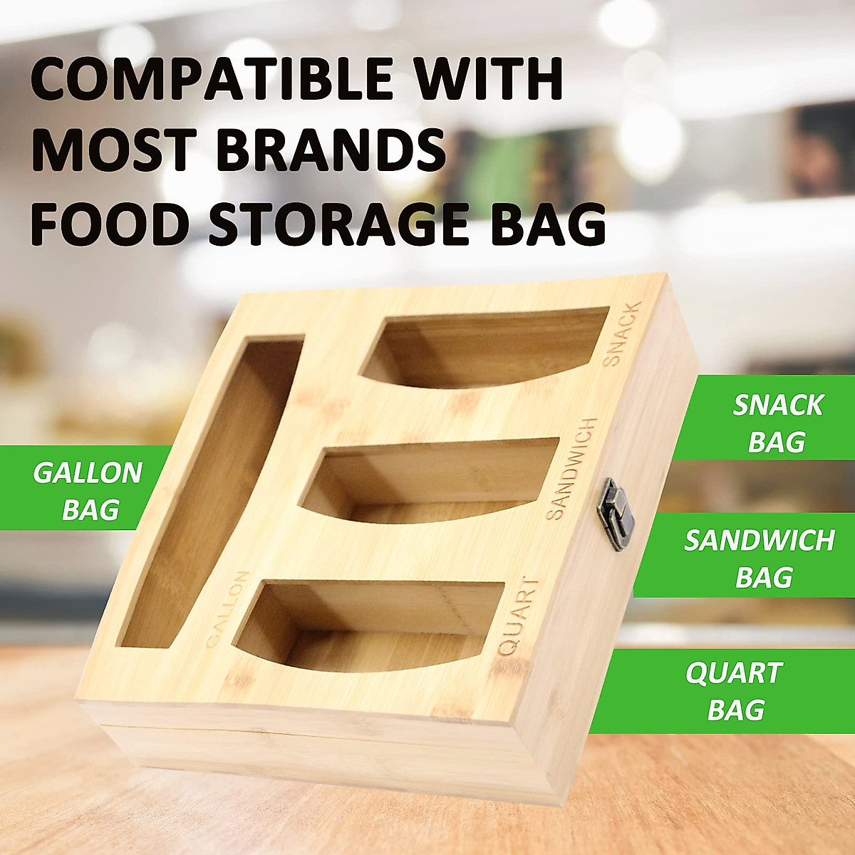 POBIDOBY Storage Bag Organizer Ziplock Bag Storage Baggie Organizer Dispenser for Kitchen Drawer with 4pcs Hooks, Bamboo Organizer Compatible with Gallon, Quart, Sandwich & Snack Variety Size Bags