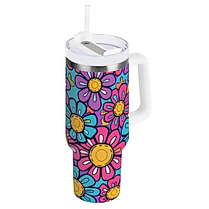 30 oz Colorful Hippie Style Flower Insulated Tumbler with Handle, Stainless Steel Vacuum Water Bottles with Lid and Straw for Water, Iced Tea or Coffee