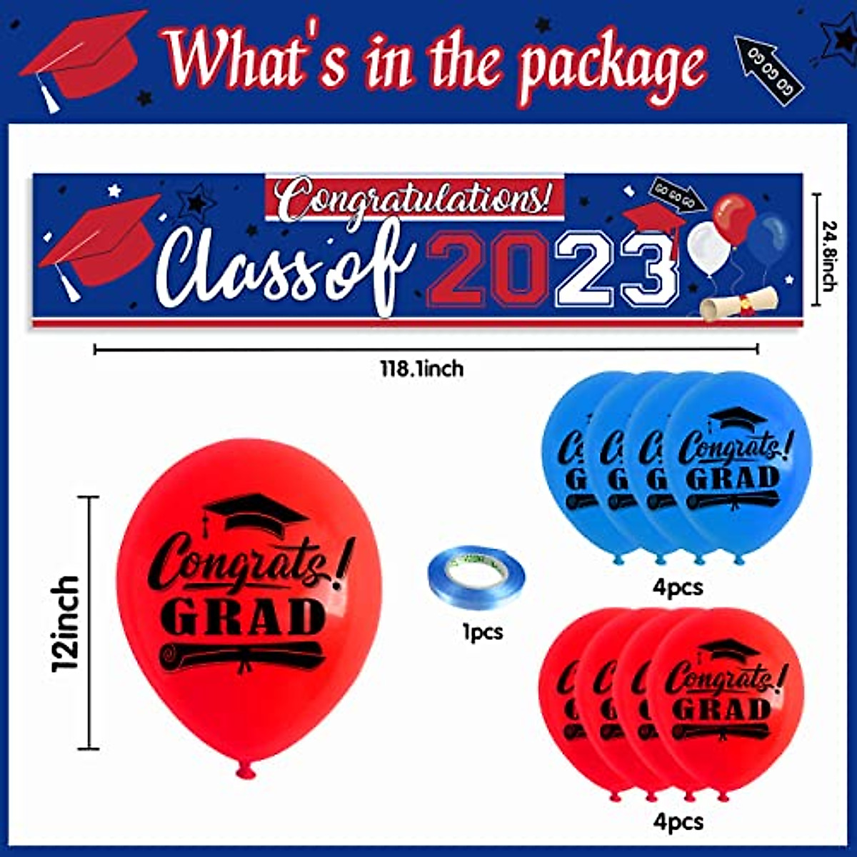 Class of 2023 Graduation Decorations Blue and Red Graduation Banner Large Congratulations Backdrop and 8pcs Congrats Grad Balloons College Graduation Party Graduation Decorations 2023