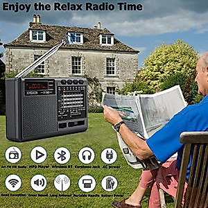 XHDATA D368 Shortwave AM FM 12 Band DSP Stereo Portable Radio MP3 Player Wireless BT Speaker with Rechargeable Battery Multimedia Speaker Support Micro SD Card USB Flash Drives (Black)