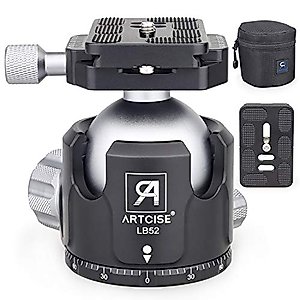 Low Profile Ball Head Tripod Mount Ball Head 52mm Diameter ARTCISE LB52 All Metal CNC Machining with Two 1/4" Quick Release Plates for Tripod, Monopod, DSLR, Camcorder，Max Load 66lbs /30kg