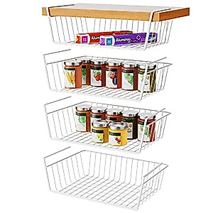 Pantry Shelves, Veckle 4 Pack Under Shelf Basket Metal Basket Organizer Under Cabinet Storage with Rustproof Coated for Kitchen Pantry Cabinet Shelves, White