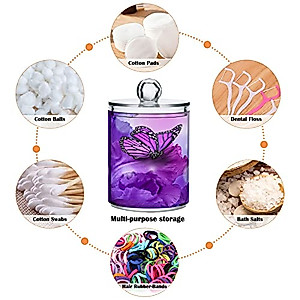 JUMBEAR 2 Pack Purple Butterfly Qtip Holder Dispenser with Lid, 14 oz Clear Plastic Apothecary Jar Set for Bathroom Vanity Organizers Storage Containers