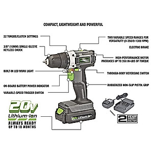 Genesis GLCD2038A 20V Lithium-ion Battery-Powered Cordless Variable Speed Drill Driver with 3/8" Chuck, Built-In LED Work Light, 20V Battery, Charger and Double-Ended Screwdriver Bit, Grey/Black/Green