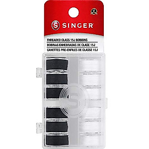 SINGER Class 15J Threaded Bobbins in Case, 12-Count, Black & White