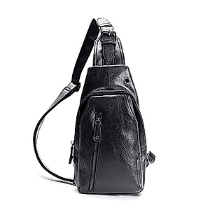 Leather Small Sling Bag,Crossbody Shoulder Bag for Men Women PU Leather Travel Cycle Hiking Daypack (Black)