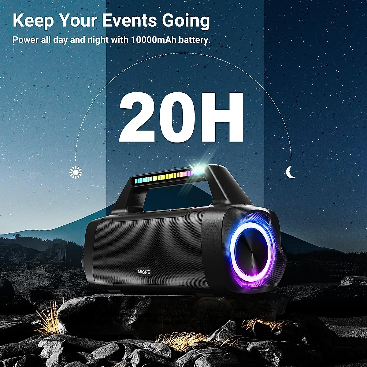 AKONE Portable Bluetooth Outdoor Speaker: 80W Loud Sound Wireless Durable Large Bocina with Lights Powerful Deep Bass Subwoofer TWS Stereo Sound Big Boombox Waterproof for Party Beach Camping Garage