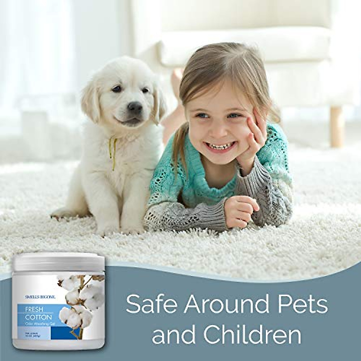 SMELLS BEGONE Air Freshener Odor Absorber Gel - Made with Essential Oils - Absorbs and Eliminates Odor in Pet Areas, Bathrooms, Cars, & Boats - Fresh Cotton Scent - 15 Ounce - 2 Pack