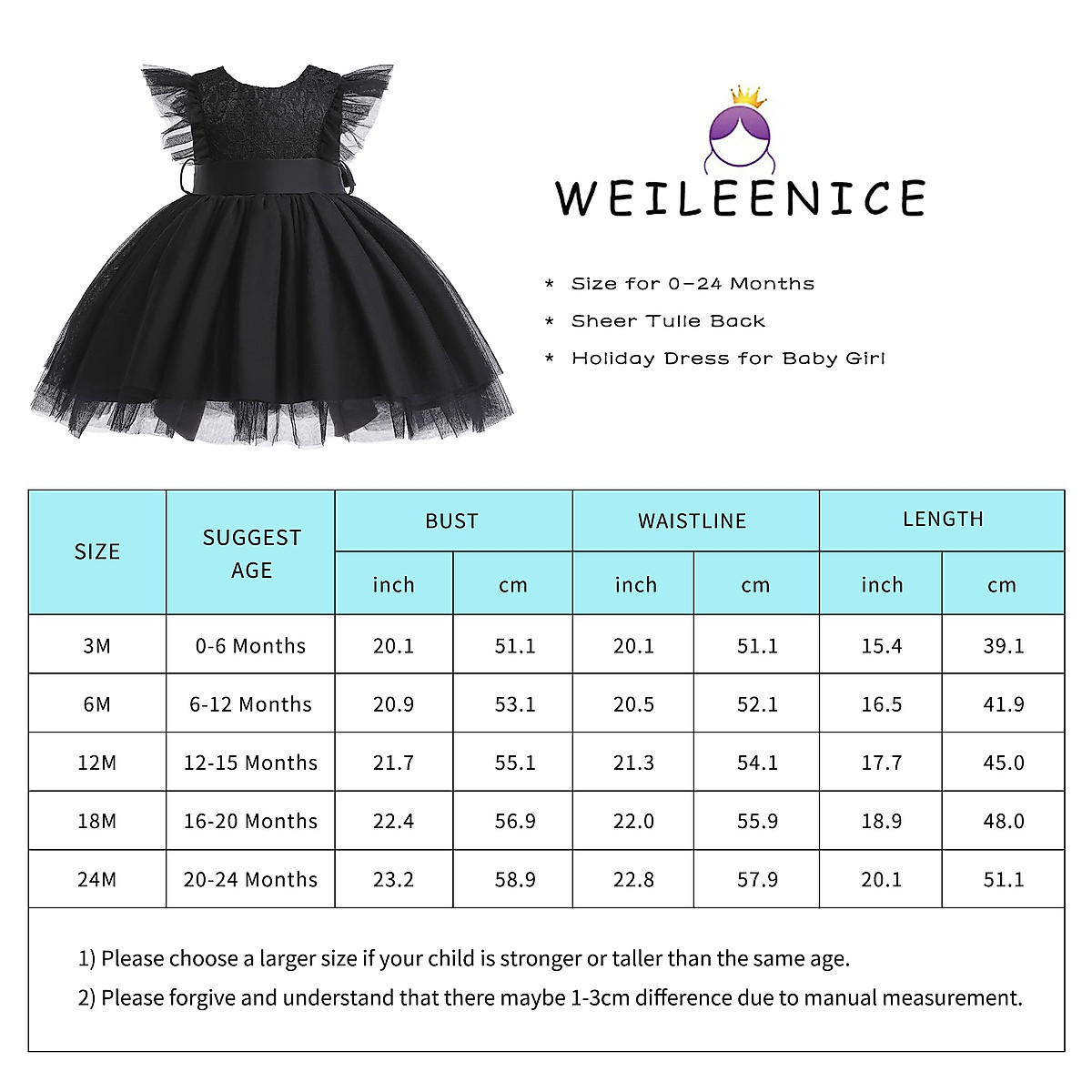 Weileenice Black Flower Baby Girl Tulle Dress 6M/ 6-12 Flutter Sleeve Sheer Back Newborn Girls 1st Birthday Party Wedding Outfit Lace Bow Headband Toddler Photo Shoot Formal Tutu Dresses Christmas