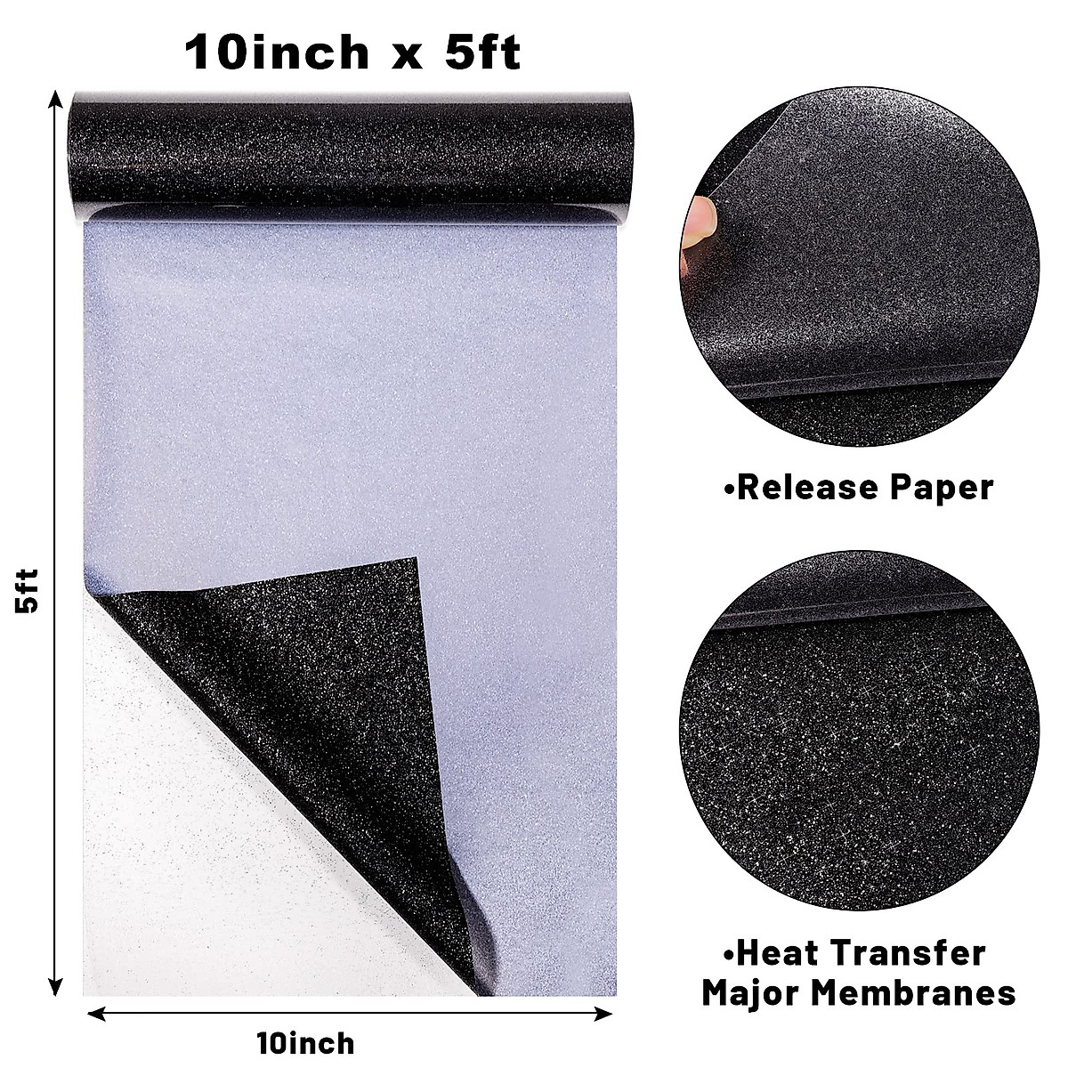 GIRAFVINYL Black Glitter HTV Vinyl Heat Transfer,Black Glitter Iron on Vinyl 10" X 5 FT Sparkle Black Glitter Vinyl Roll for Shirt,and Fabric Decorations (Black)