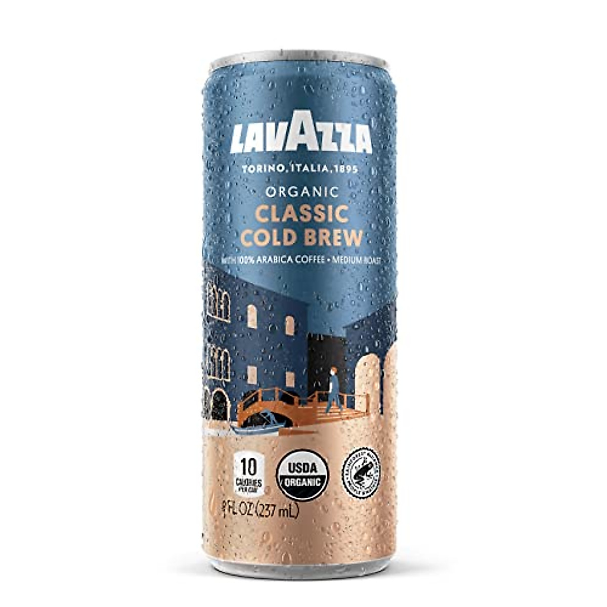 Lavazza Organic Classic Cold Brew Coffee, (Pack of 4 Cans / 8 Fluid Ounce Each) Balanced, Complex, Sweet, Medium Roast, 100% Arabica, USDA Certified Organic, Rainforest Alliance Certified