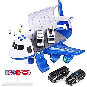 Airplane Toys, Cars Toys Set Fire Truck/Engineering Vehicle/Sanitation Vehicle/Police Car Toys Christmas Birthday Gift for 3 4 5 6 Years Old Boys Toddlers Deformable Aircraft Storage Cars Toy (Blue)