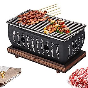 Hibachi Grill Japanese Tabletop Charcoal Grill Table Top Portable Charcoal Grill Barbecue Grill Portable Barbecue Stove with Wire Mesh Grill and Wooden Base for Home Party
