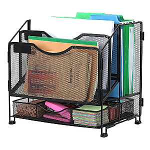 EasyPAG Mesh Desk File Organizer Office Supplies 2 Upright Desktop Filing Holder with Folder Hanging Rack and Sliding Drawer Organizer,Black