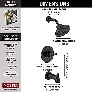 Delta Faucet Nicoli 14 Series Single-Handle Tub and Shower Trim Kit, Shower Faucet with 5-Spray H2Okinetic Shower Head, Matte Black 144749-BL (Shower Valve Included)