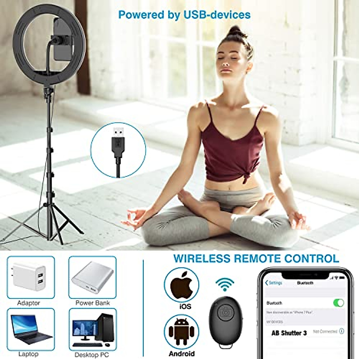 12" Selfie Ring Light with 63" Adjustable Tripod Stand and Phone Holder, LED Dimmable Ringlight with Remote, for Live Stream/Photography/Makeup/YouTube Video, Compatible with Cell Phones, Cameras
