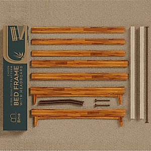 Bme Caden 15 Inch Deluxe Bed Frame with Adjustable Headboard - Mid Century, Retro Style with Acacia Wood - No Box Spring Needed - 12 Strong Wood Slat Support - Easy Assembly - Caramel, King