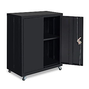 GEDELITE Metal Storage Cabinet with Wheels, Mobile Metal Cabinet, Steel Storage Cabinet with Adjustable Shelve and Locking Doors for Home and Office, Black