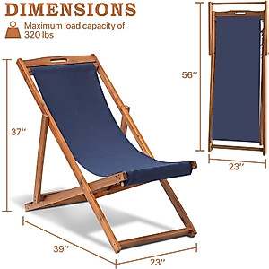 Yewuli Patio Lounge Chair Outdoor Beach Sling Chair Set of 2, Wooden Reclining Patio Chairs Foldable Beach Chairs with Polyester Canvas &Solid Wood Frame Patio Furniture, Blue