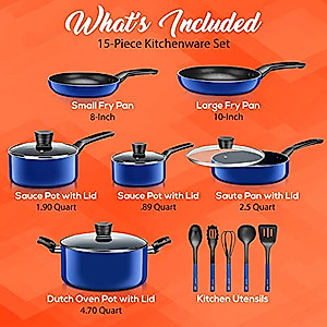 SereneLife Kitchenware Pots & Pans Basic Kitchen Cookware, Black Non-Stick Coating Inside, Heat Resistant Lacquer (15-Piece Set), One Size, Blue