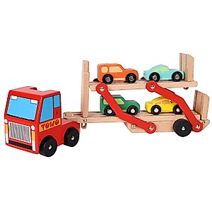 TOWO Wooden Car Transporter Toy Double Decker Trailer with 4 Cars ramp Racer - Wooden car Toy Truck Carrier for 3 Years Old Boys Vehicle Toys for Kids