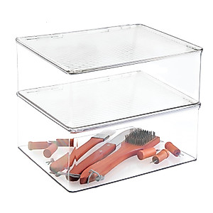 mDesign Plastic Kitchen Pantry and Fridge Storage Organizer Box Containers with Hinged Lid for Shelves or Cabinets, Holds BBQ Tools, Seasoning, Condiments, Utensils, Ligne Collection, 2 Pack, Clear