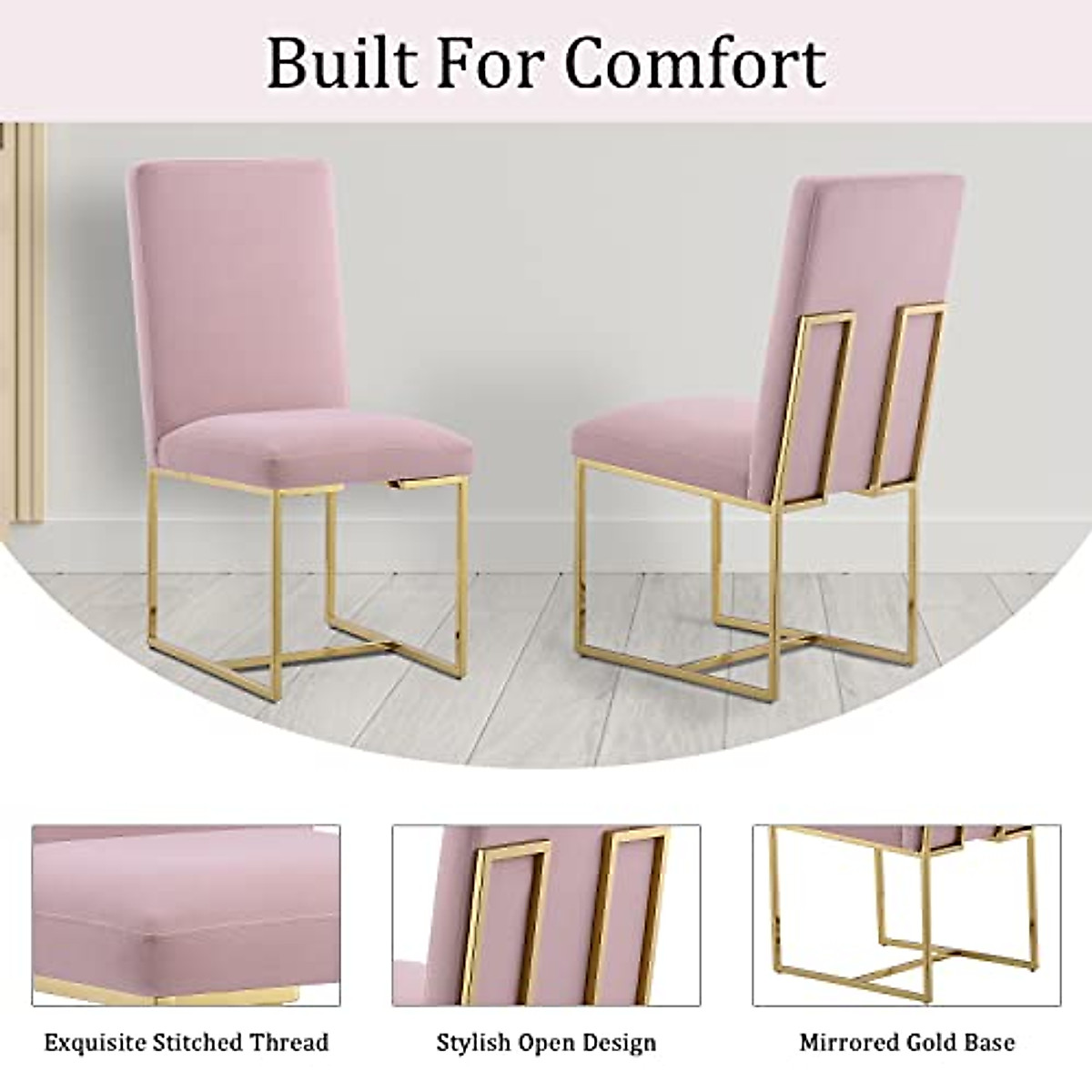 AZhome Dining Chairs, Pink Upholstered Velvet Dining Room Chairs with Mirror Gold Stainless Steel Legs, Set of 4