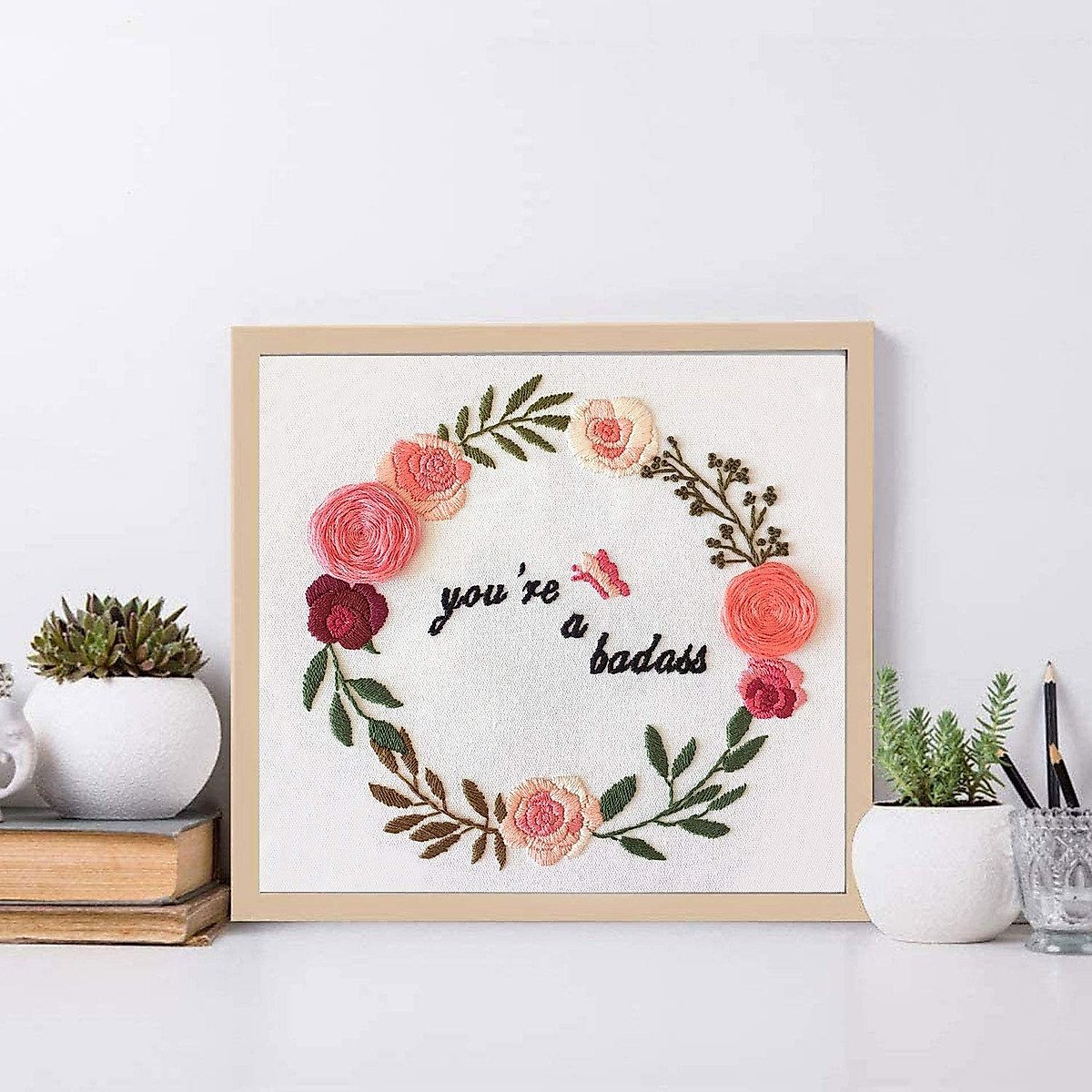 ORANDESIGNE Funny Embroidery Kit for Beginners, Stamped Cross Stitch Kits for Beginners Adults Patterned Needlepoint Embroidery Hoops Cloth Color Thread Floss Flowers Plants Cactus