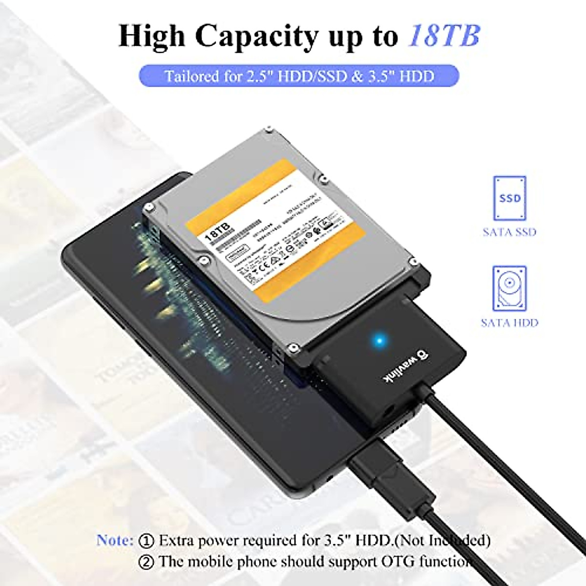 WAVLINK USB 3.0 to SATA Adapter Cable, External SATA III Hard Drive Connector for 2.5'' SSD/HDD & 3.5" HDD Data Transfer, Support UASP, Trim and S.M.A.R.T. with 3 mins Auto-Sleep, Max 18TB