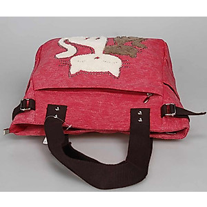 Canvas Tote Handbag for Women Cute Cat Embroidery Shoulder Purse Large Zipper Travel Work Shopping Grocery Bags