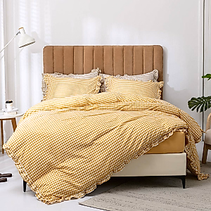 INFLAG Ruffle Duvet Cover Set Twin Size, Vintage Ruffle Plaid Bedding Set, 100% Washed Cotton Soft Breathable Quilt Cover 2 Pieces Zipper Closure Bedding (Yellow, Twin 66"x90")