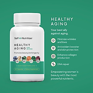SELF NUTRITION Healthy Aging Supplement for Women with Resveratrol, NAD, Collagen Booster, Biotin and More - Beauty with 12 Ingredients - USA Made, Vegan, 60 Capsules, Nutitionist formulated.