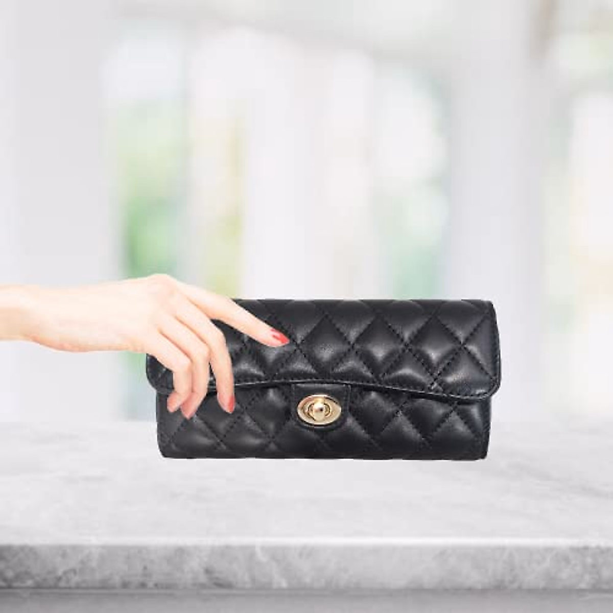 Luxury Black Quilted Leather Long Wallet Bifold Wallet Clutch Credit Card Holder Wallet Coin Purse Business Card Holder Gift for Women Gift for Girl